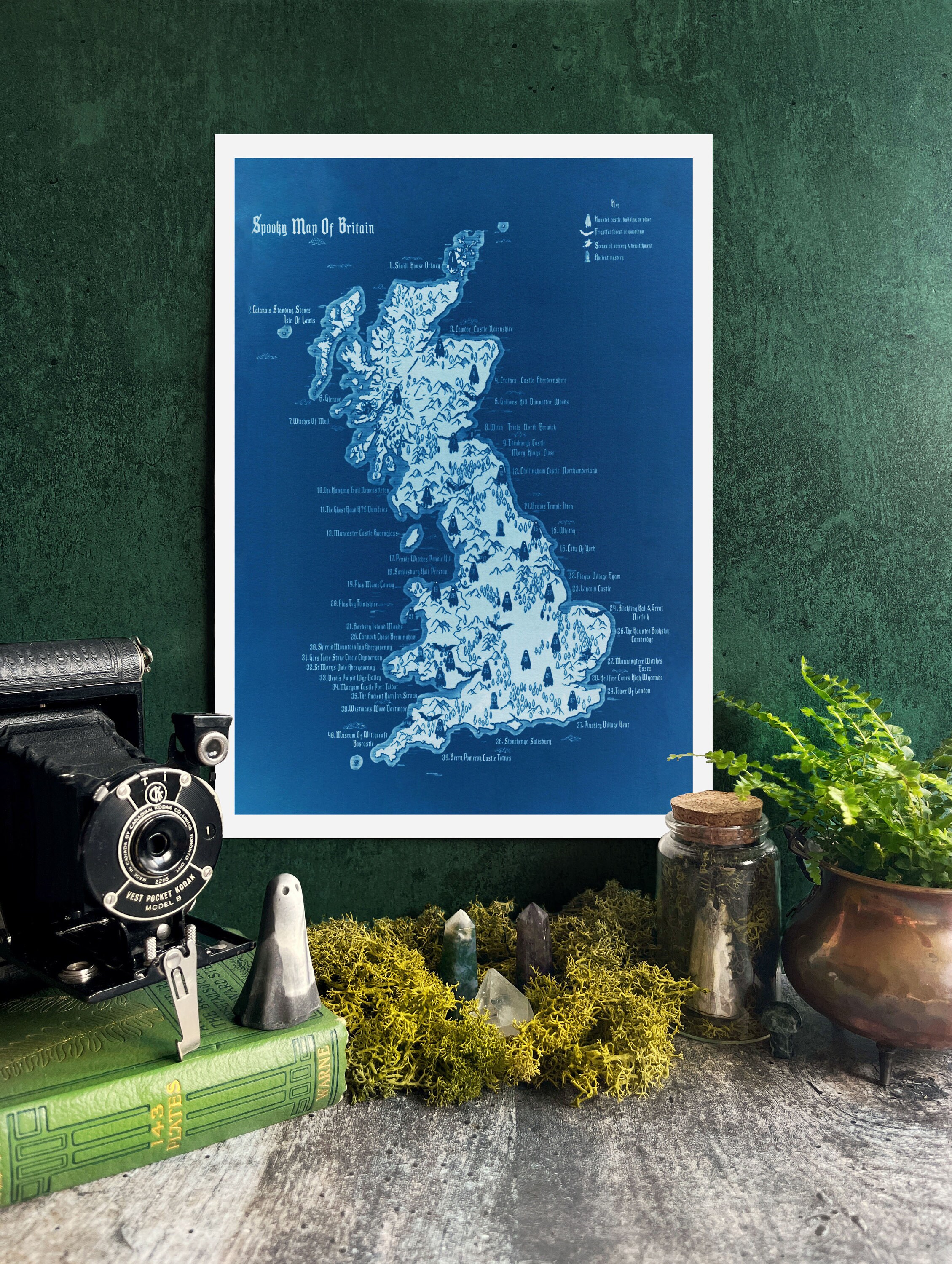 Spooky Map of Britain Cyanotype Art Print Haunted Places in - Etsy