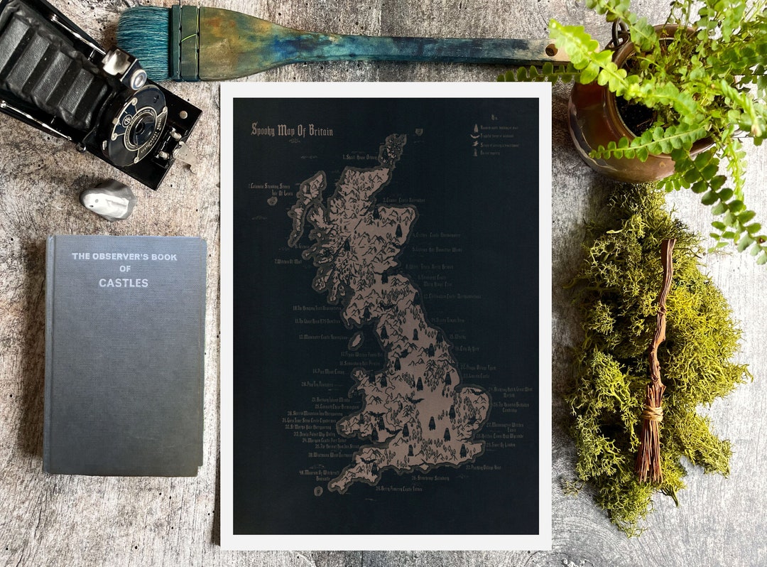 Haunted Map of Britain Toned Cyanotype Art Print, Spooky Places in ...