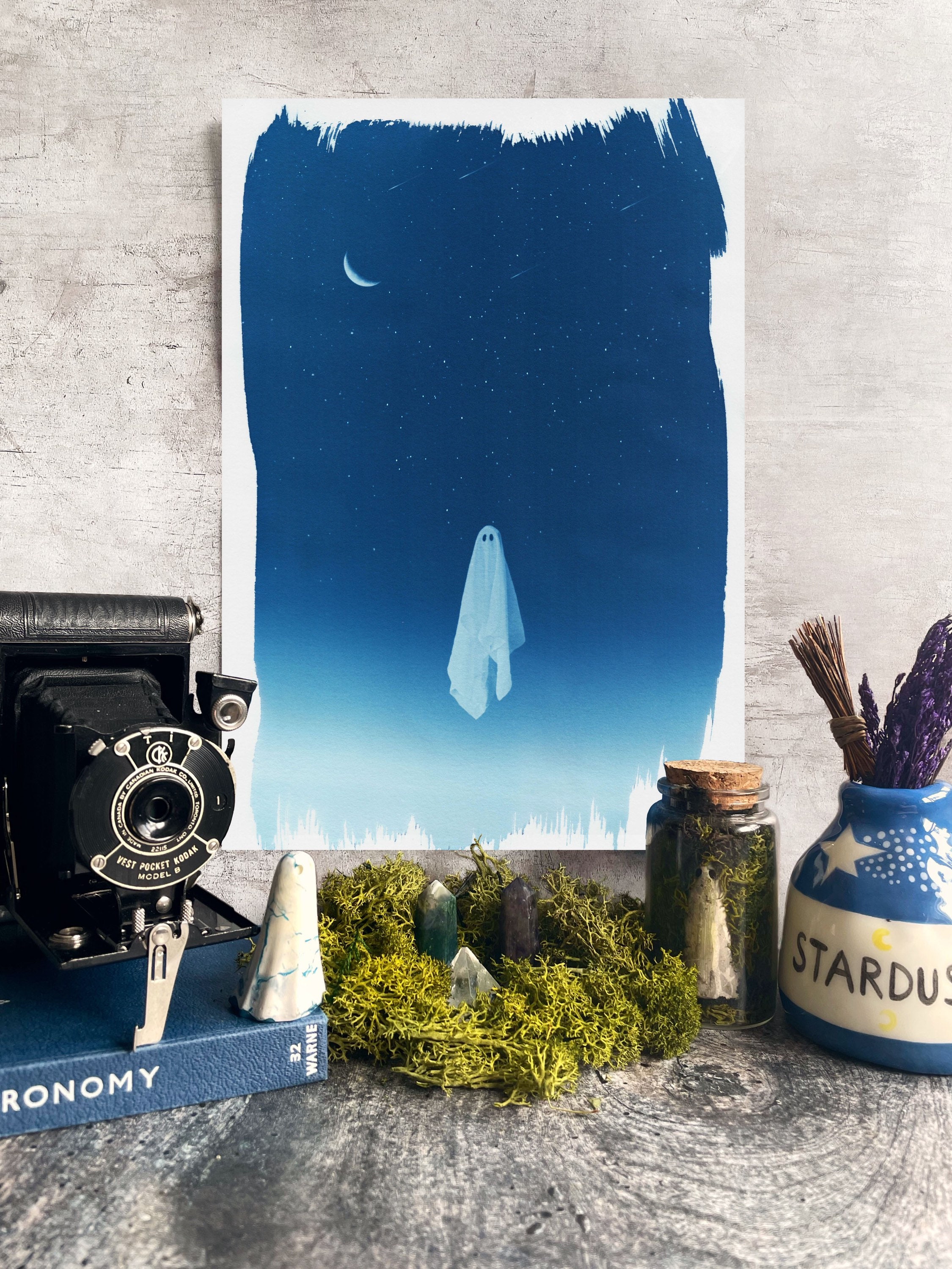 Celestial Ghost Cyanotype Art Print, Spooky Night Sky Artwork ...