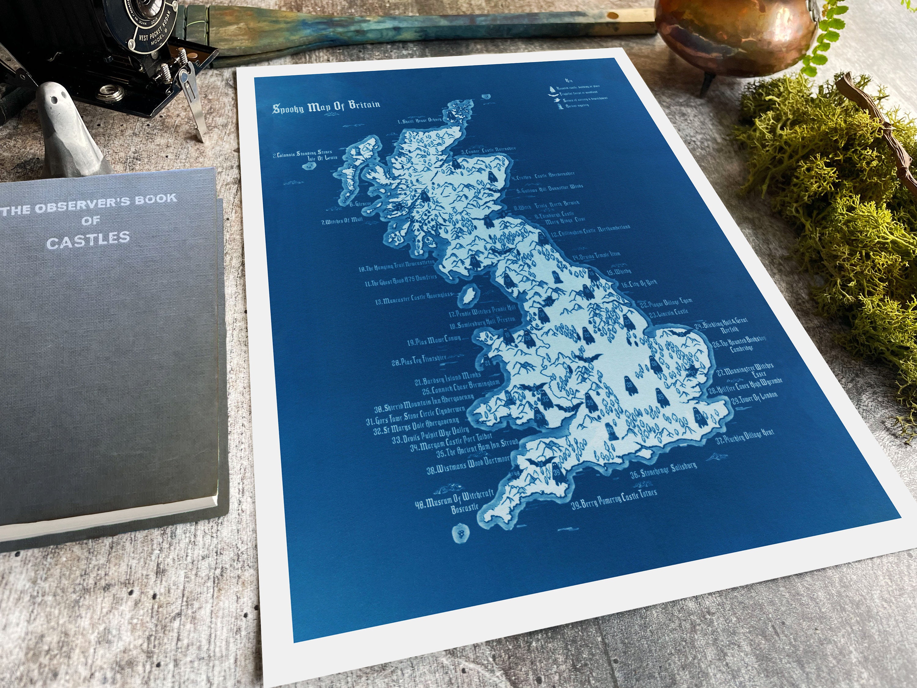 Spooky Map of Britain Cyanotype Art Print Haunted Places in - Etsy