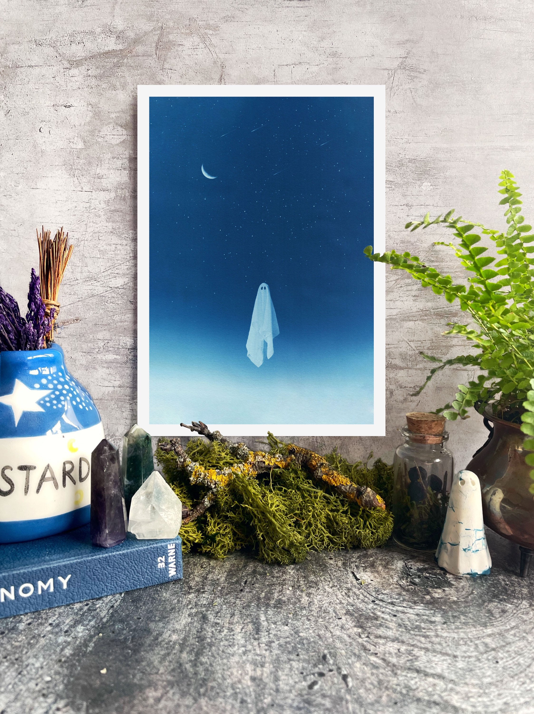 Celestial Ghost Cyanotype Art Print, Spooky Night Sky Artwork ...