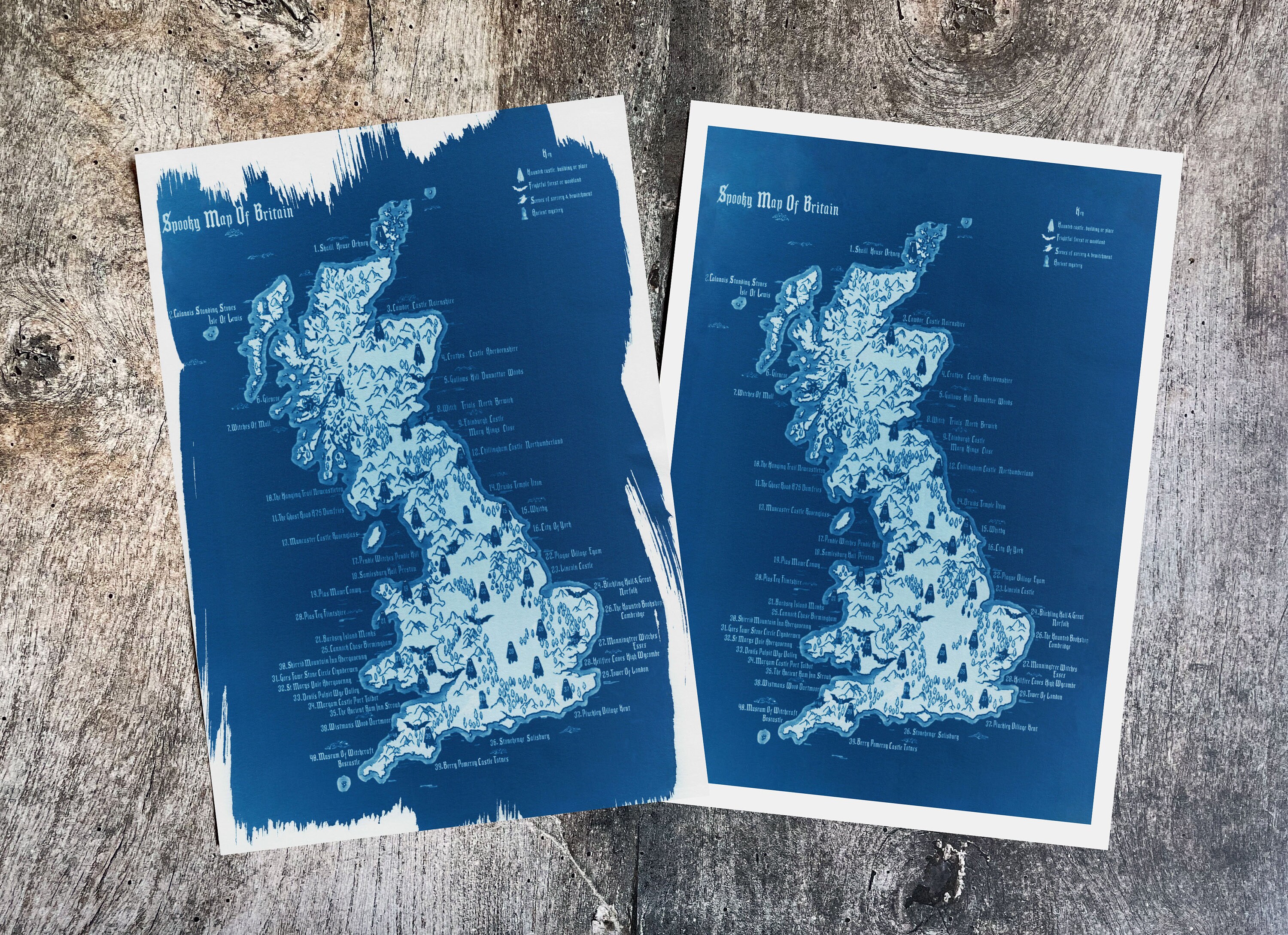 Spooky Map of Britain Cyanotype Art Print, Haunted Places in Britain ...