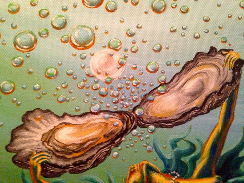 CANVAS PRINT Mermaid Oyster Shell Golden Bubbles Giant Pearl Tiki God ...