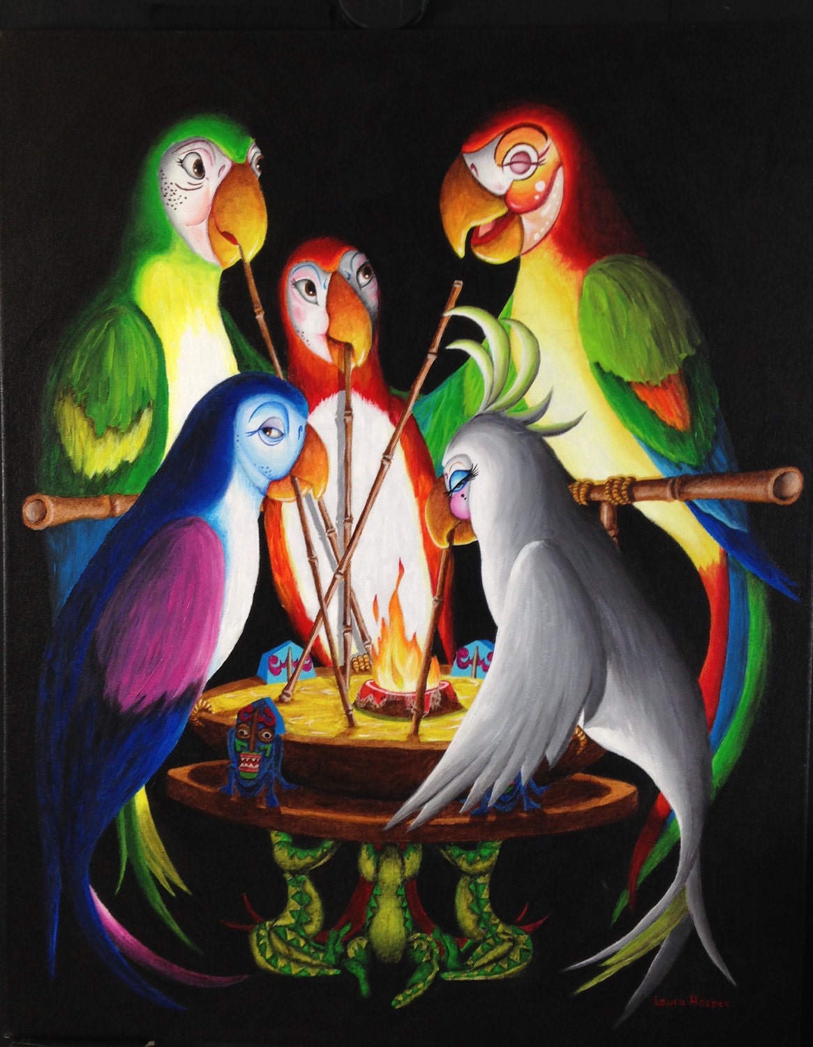 PAPER PRINT Enchanted Tikiroom Tiki Birds Macaws Parrots Cockatoo ...