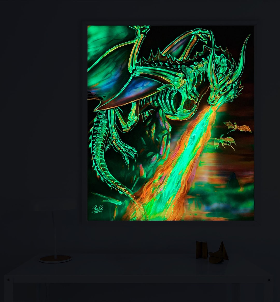 Dragon Fire III., Glow in the Dark Painting, Dragon Art, UV, Blacklight ...