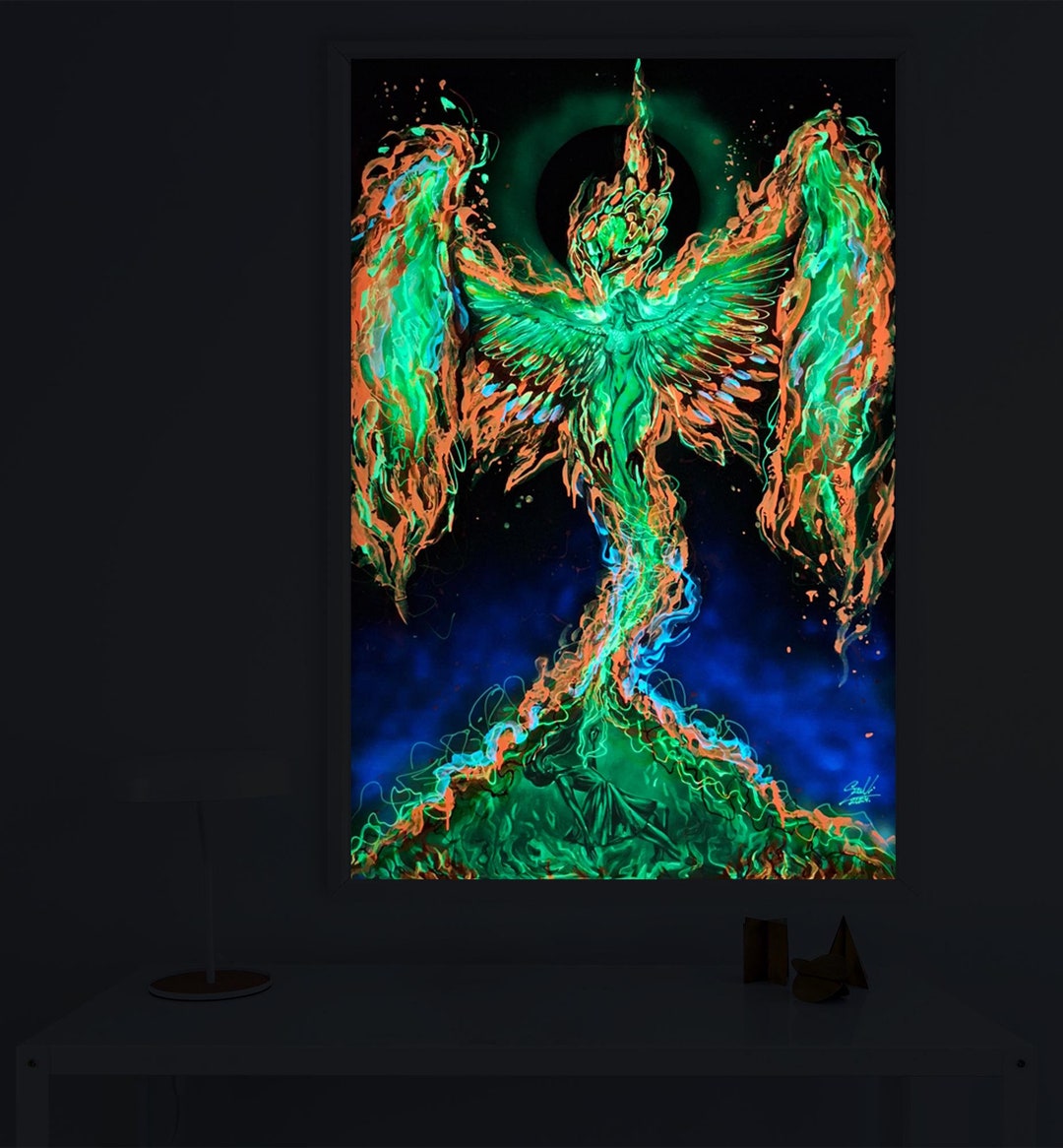 Rising Phoenix I., Glow in the Dark Painting, Kintsugi, Woman Art, UV ...