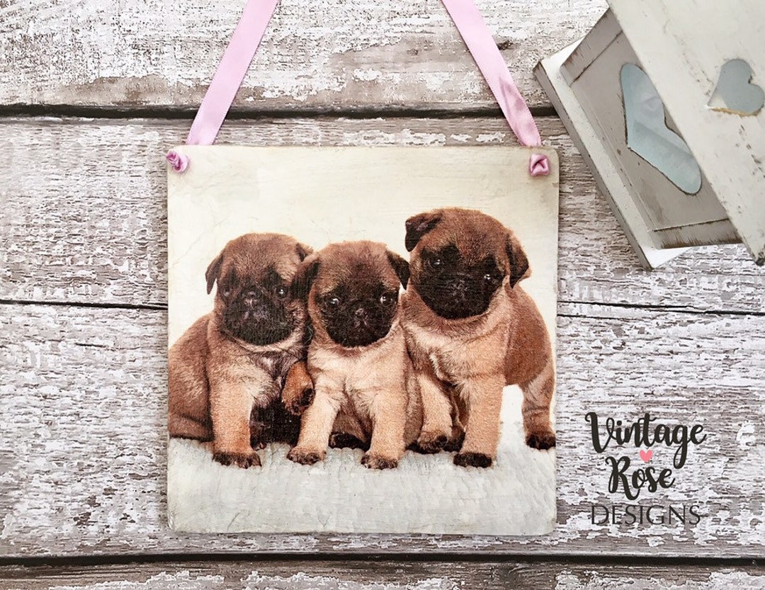 Pugs Wall Hanging Plaque, Pug Puppies Wooden Art, Square Home Decor ...