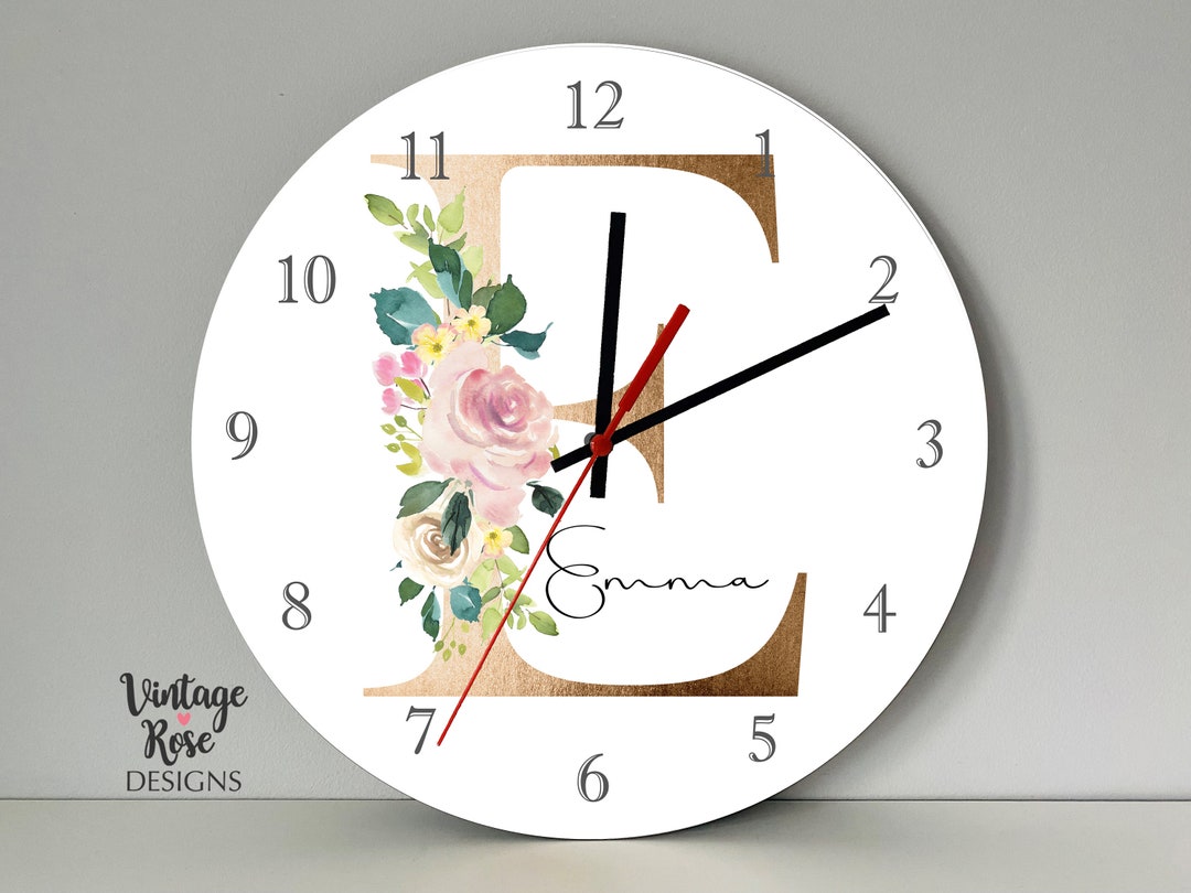 Personalised Girls Wall Clock, Kids Clock, Floral Nursery Decor ...