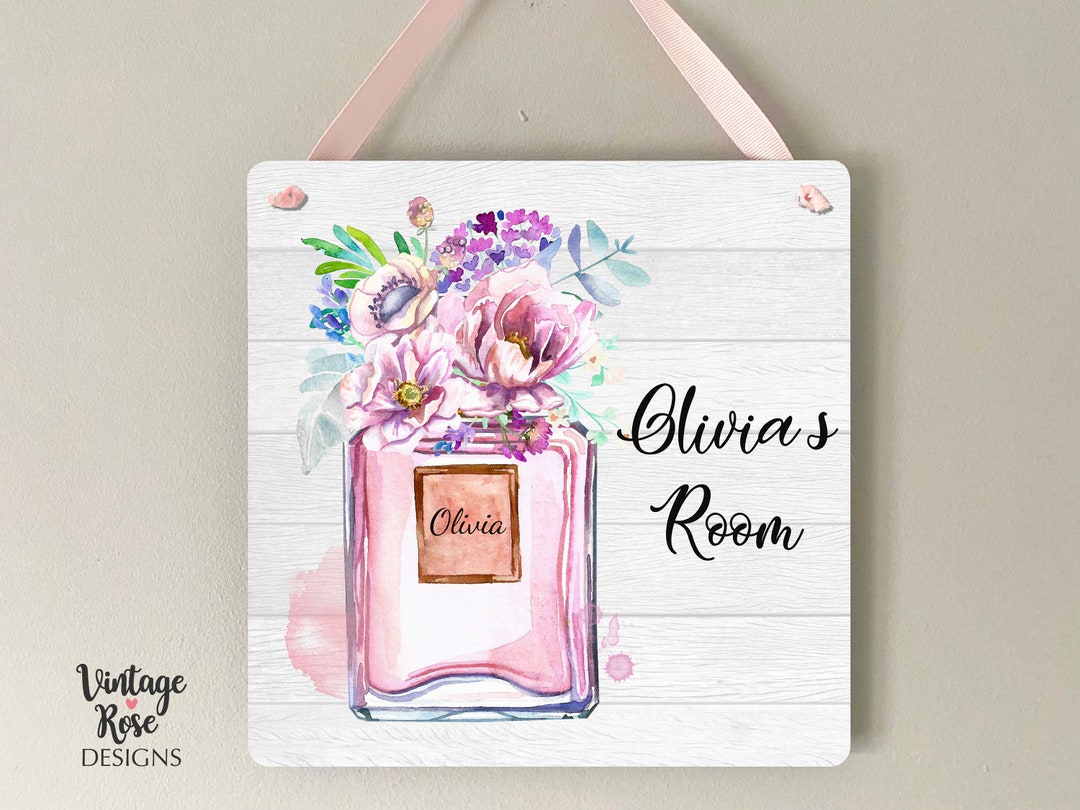 Personalised Girls Door Sign, Pink Perfume Bottle, Kids Room Sign, Pink ...