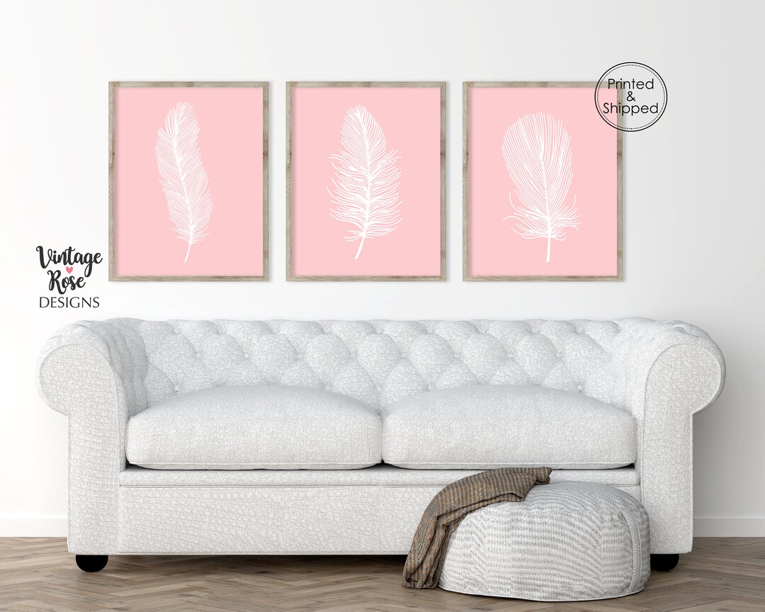 Feather Print Set, Feathers Wall Art, Blush Pink Feather Prints, Set of ...