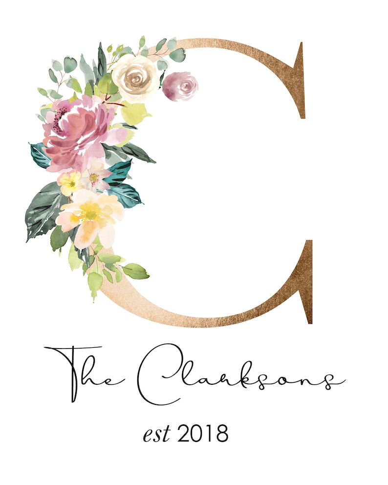 Family Name Sign, Family Initial Print, Gold Inital, Watercolour Pink ...