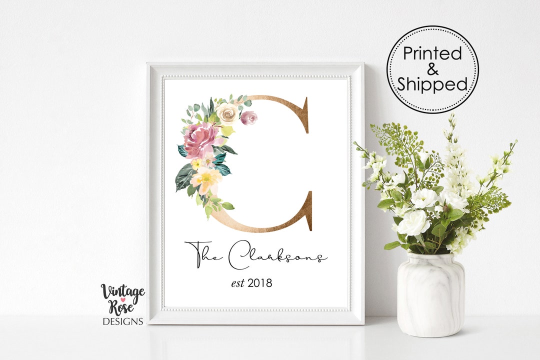 Family Name Sign, Family Initial Print, Gold Inital, Watercolour Pink ...