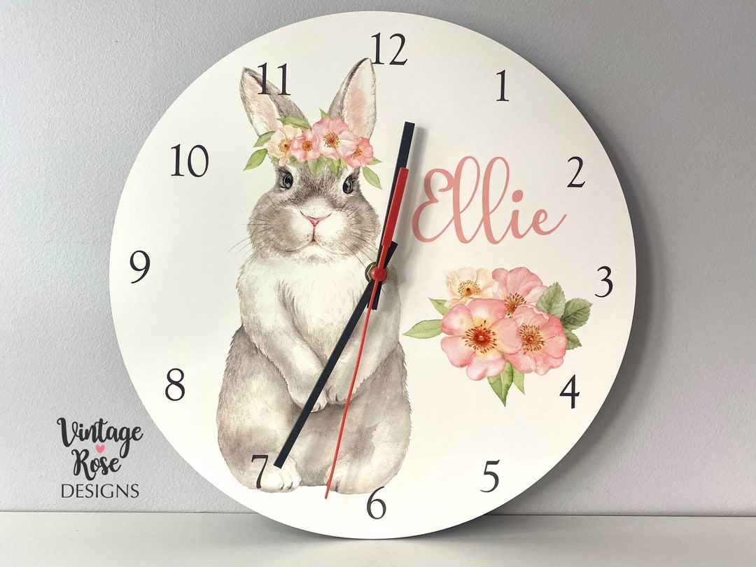 Bunny Wall Decor, Nursery Clock, Personalised Girls Wall Clock, Cute ...