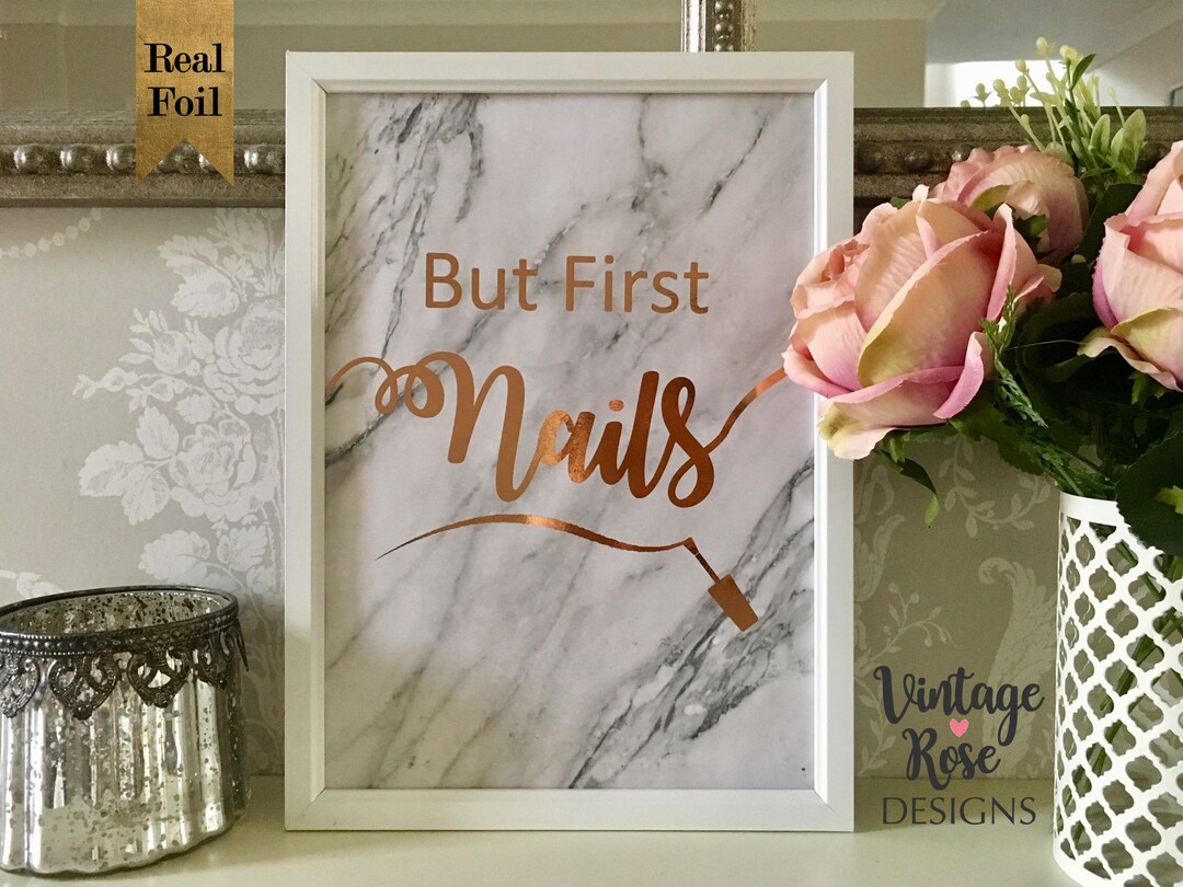 Nail Salon Decor, Nail Print, Marble Rose Gold Print, but First Nails ...