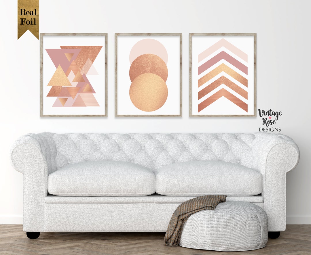 Set of 3 Geometric Wall Art, Blush Pink, Rose Gold, Geometric Print ...
