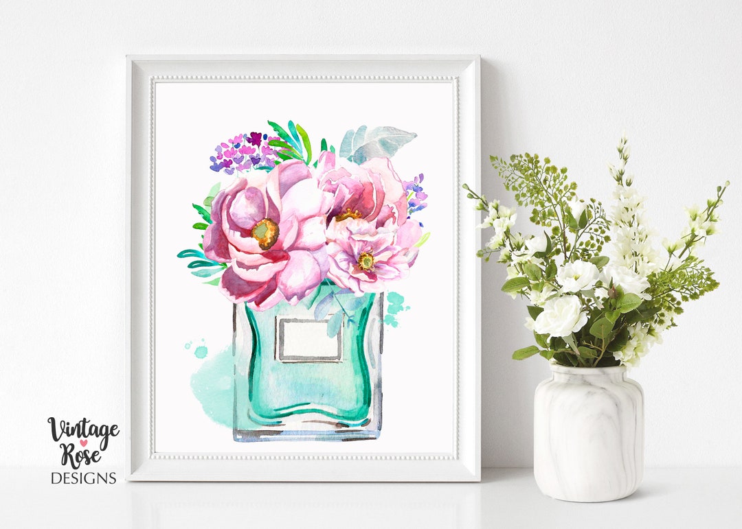 Perfume Bottle Print, Blue Perfume Art, Bedroom Decor, Watercolour ...