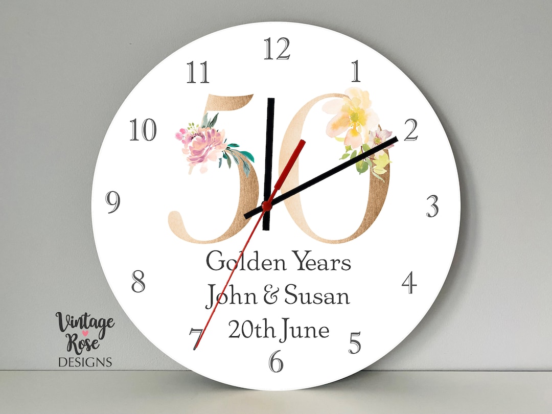 50th Golden Wedding Anniversary Clock, 50, Fifty Years, Golden ...