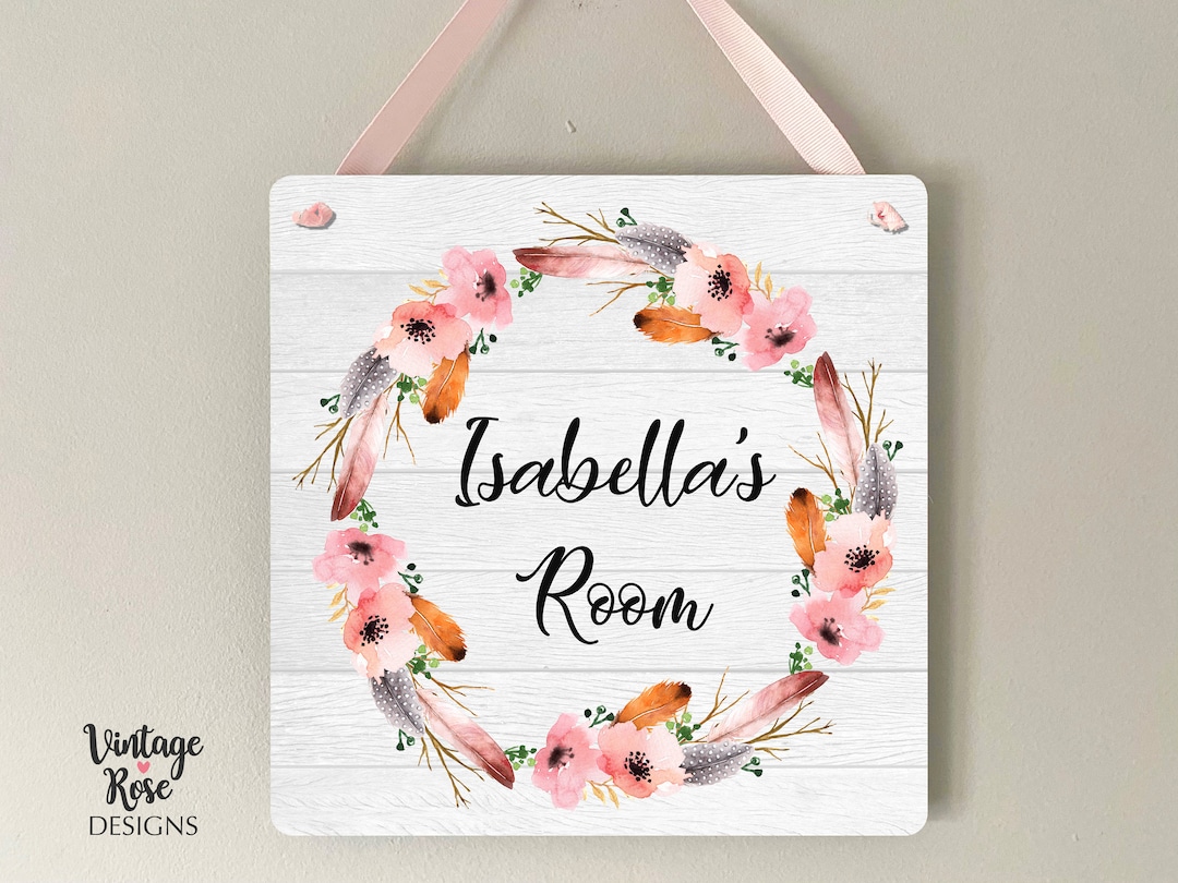 Personalised Girls Room Door Sign, Hanging Room Sign, Feather Floral ...