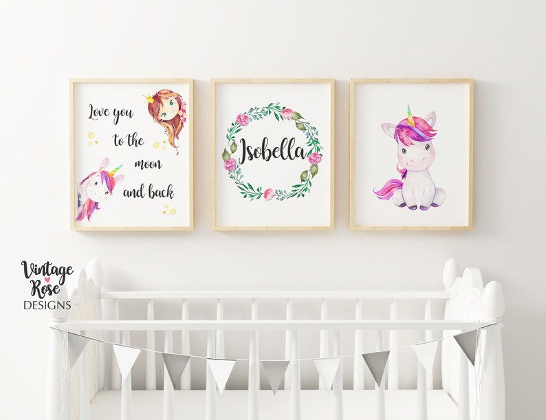 Set of Prints, Rainbow Unicorn Wall Art, Girls Unicorn Gift, Set of ...