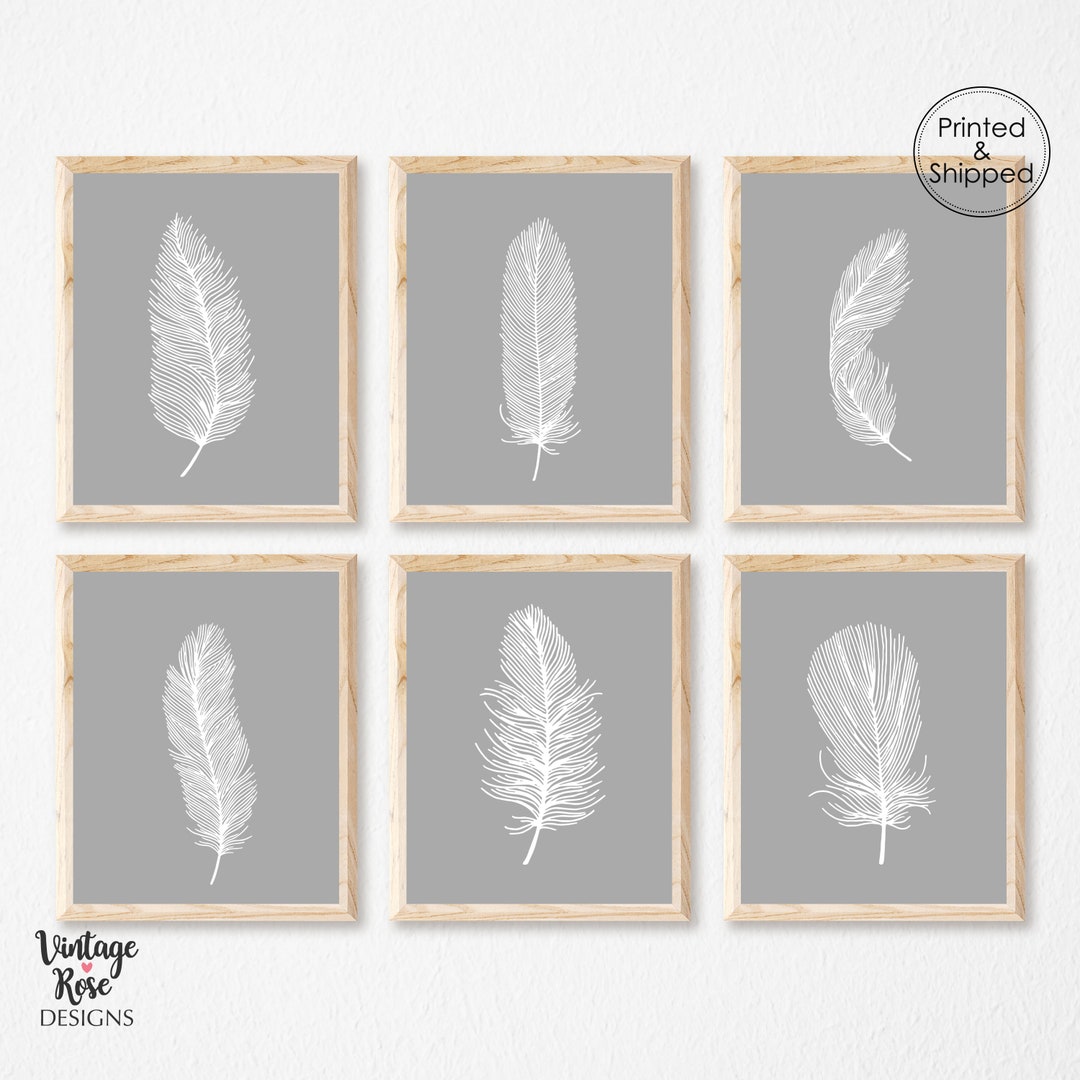 Feather Print Set, Feathers Wall Art, Grey Feather Prints, Set of ...
