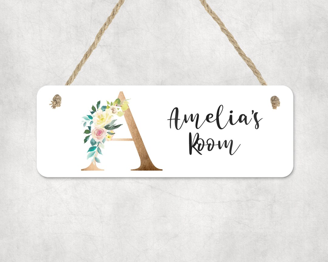 Personalised Initial Room Sign, Kids Door Sign, Floral Initial, Gold ...