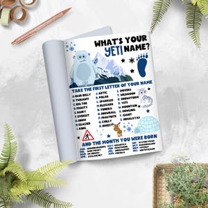 What's Your Yeti Name Party Game, Winter Games for Kids, Onederland ...