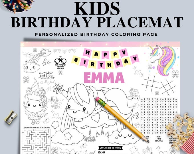 Editable Printable Birthday Coloring Placemat Instant Digital Download ...