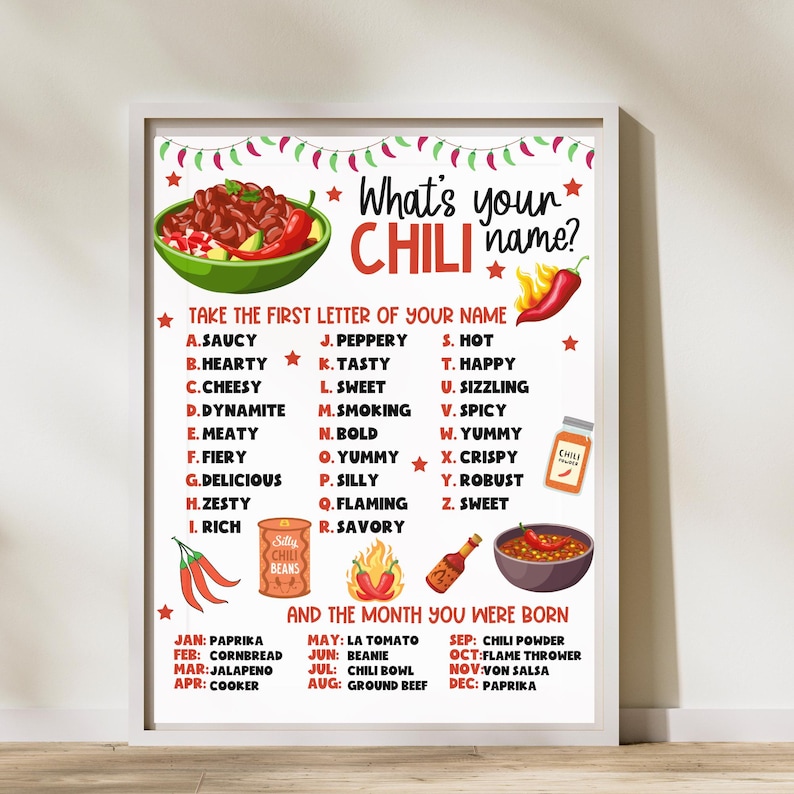 What's Your Chili Name Party Game, Chili Cook off Contest, Chili Party ...