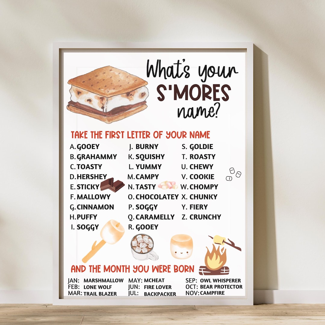 S'mores Bar Menu Sign, S'mores Station, What's Your S'mores Name Game ...