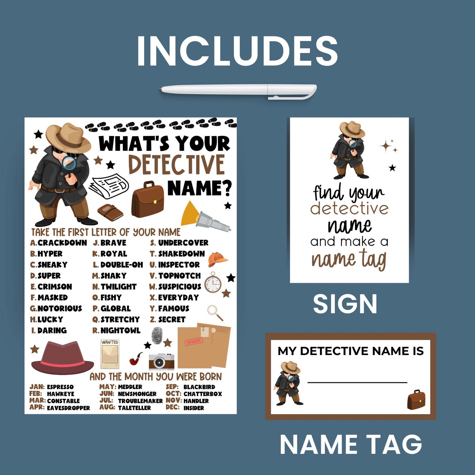 Find Your Detective Name, Spy Kids Party Game, Spy Secret Agent Badges ...