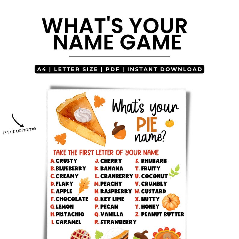 Whats Your Pie Name, Thanksgiving Game, Thanksgiving Pie Party Decor ...