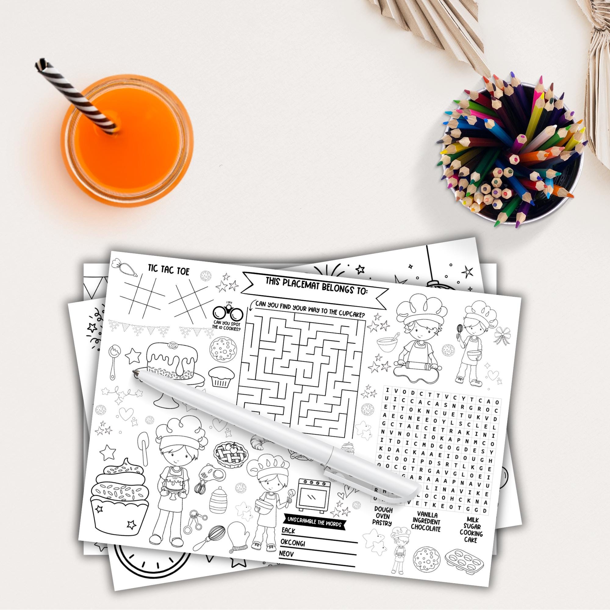 Baking Placemat Activity Sheet, Kids Cooking Party, Baking Birthday ...