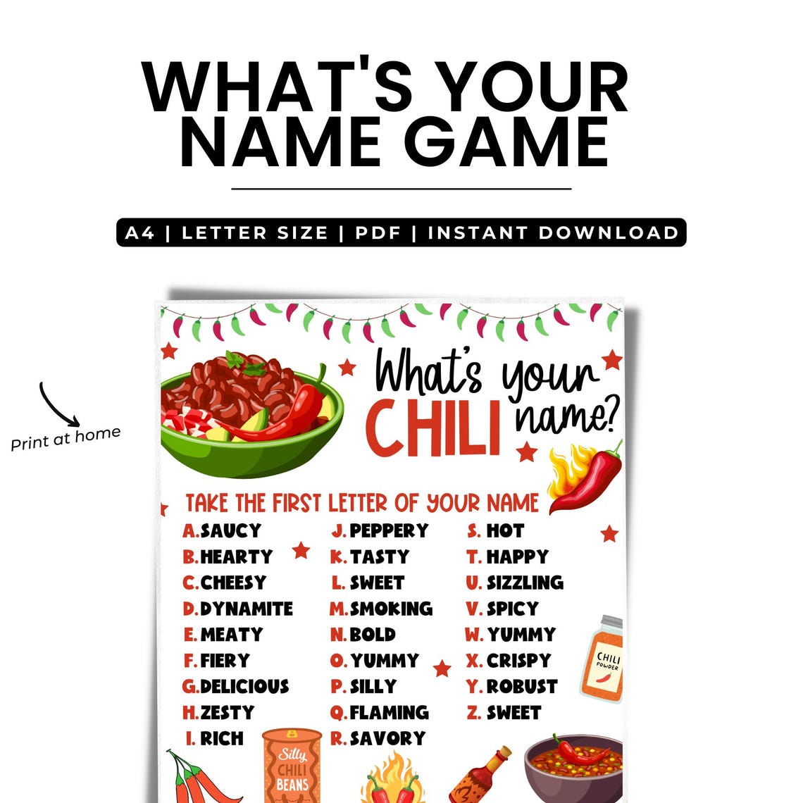 What's Your Chili Name Party Game, Chili Cook off Contest, Chili Party ...