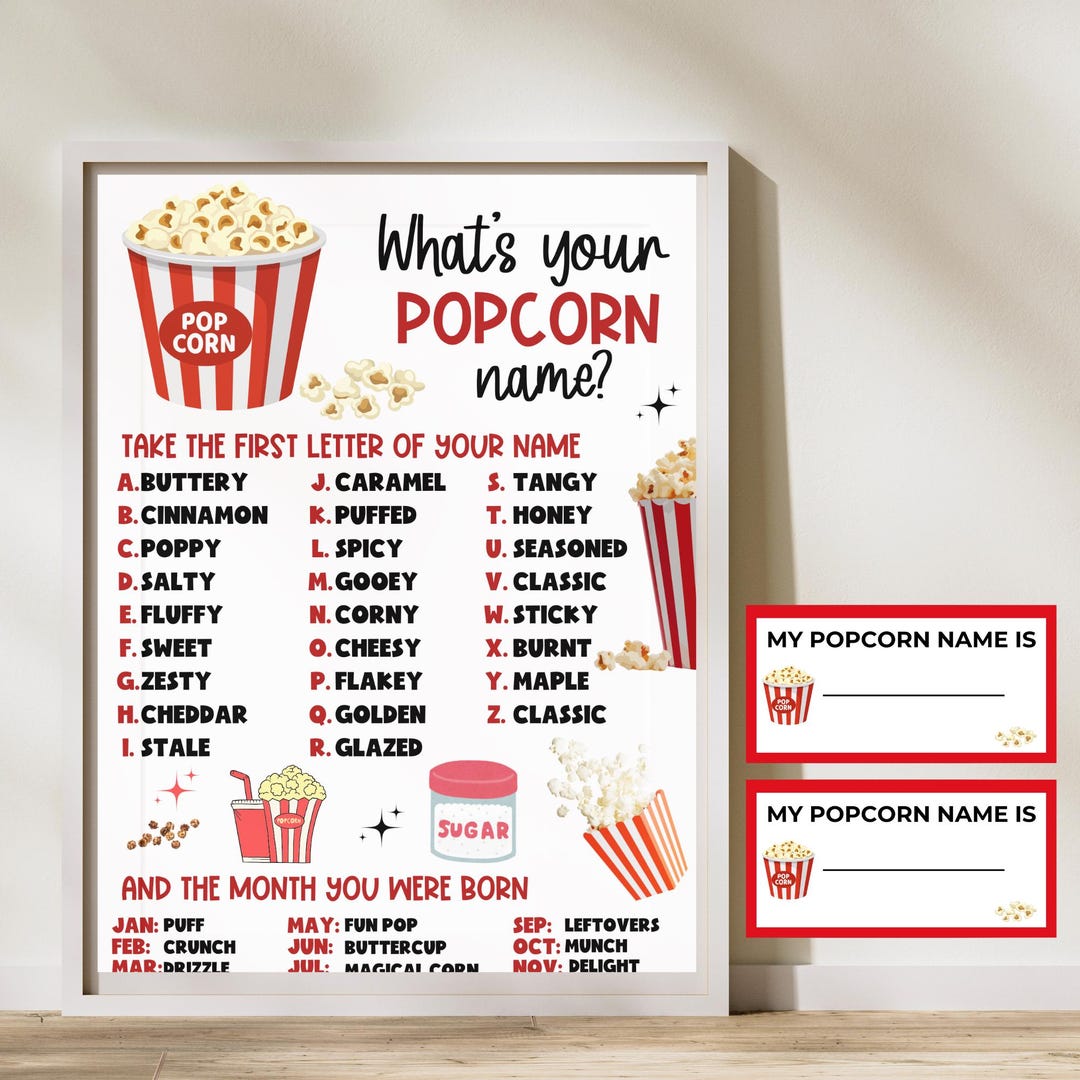 What's Your Popcorn Name Game, Popcorn Bar Sign, Movie Night Quiz ...