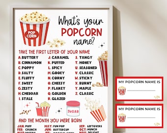 What's Your Popcorn Name Game With Name Tags + Popcorn Name Sign ...