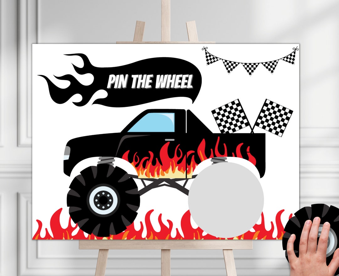 Pin the Wheel on the Monster Truck, Race Car Birthday Party, Boys Kids ...