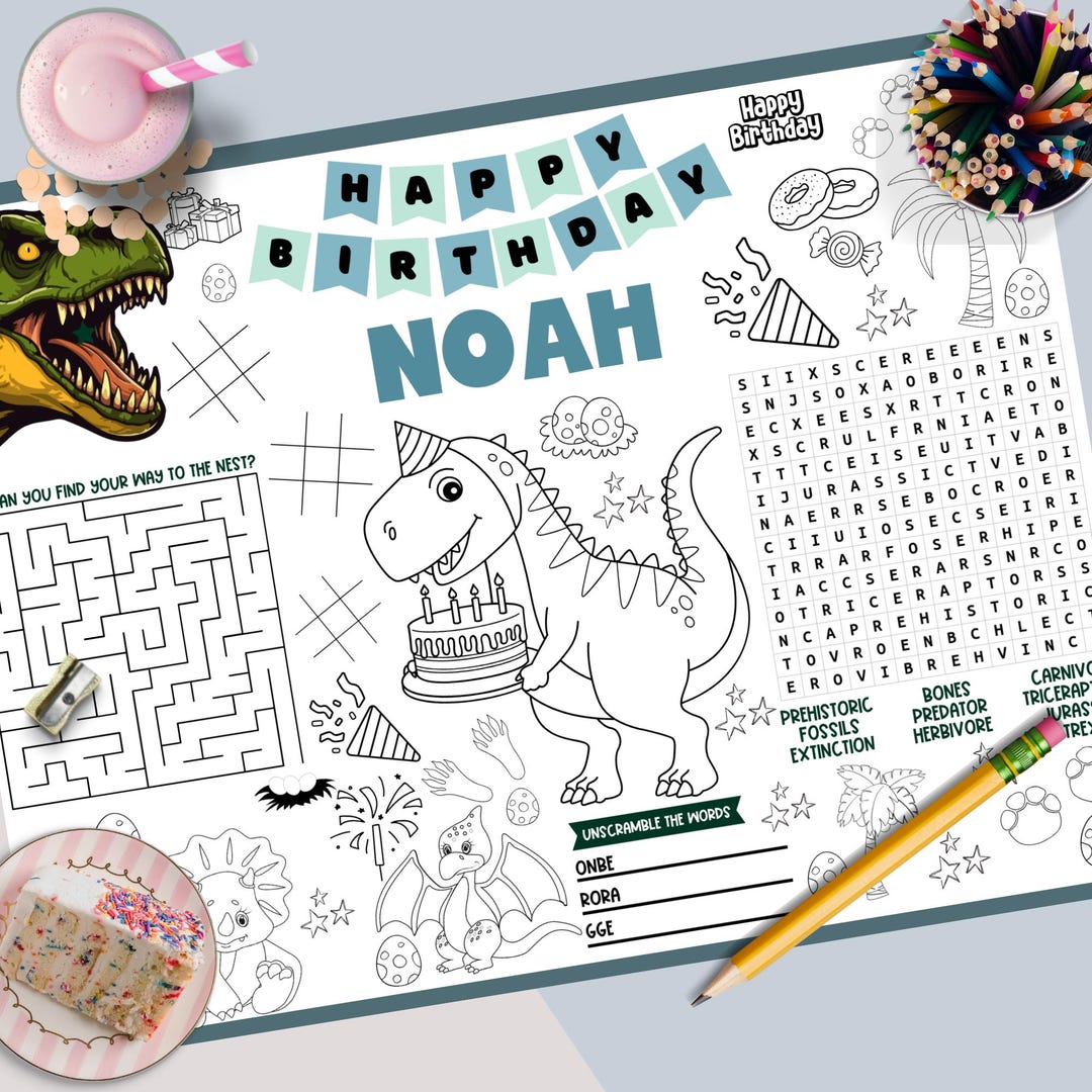 Dinosaur Party Coloring Placemat, Dino Four, Editable Birthday Coloring ...