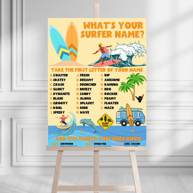 What's Your Surfer Name Game, Pool Birthday Party, Beach Party Game ...