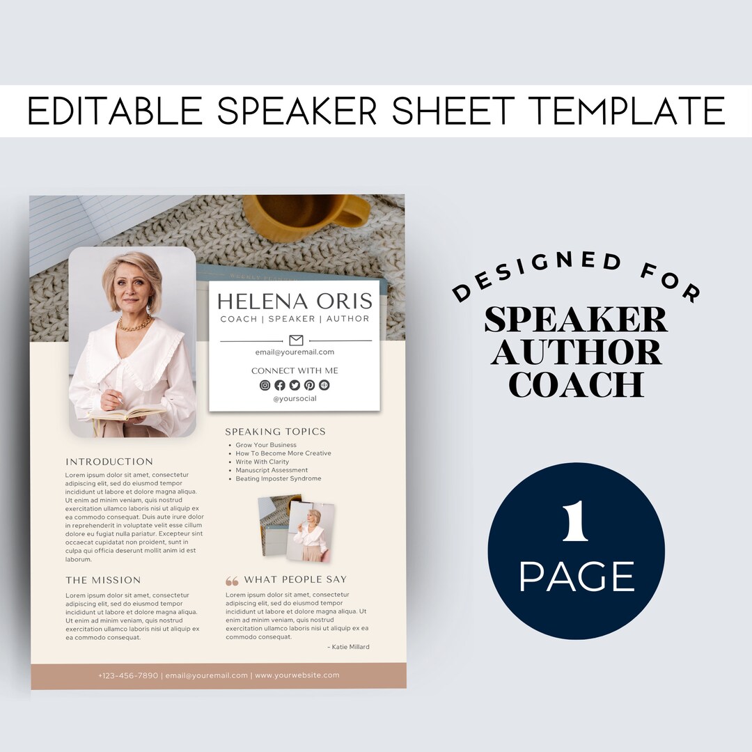 Speaker Sheet Canva Template, Writing Coach Poster, Professional Speaker Sheet, Author Media Kit ...
