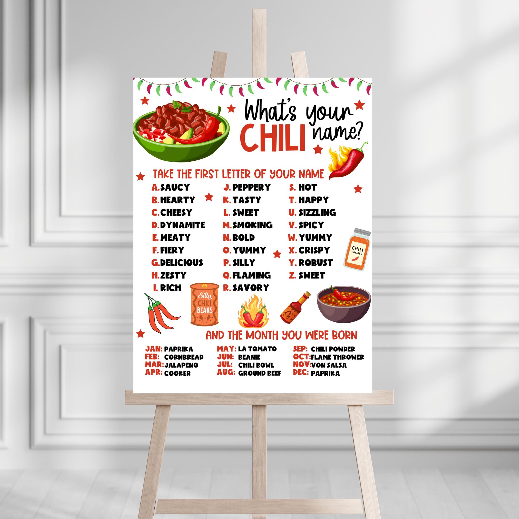 What's Your Chili Name Party Game, Chili Cook off Contest, Chili Party ...