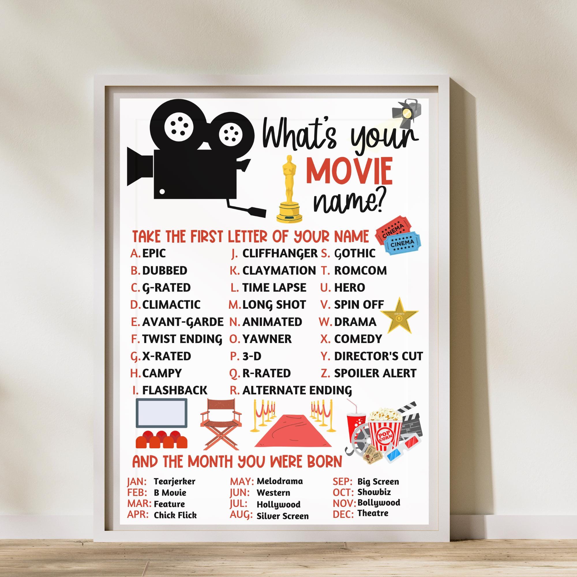 Whats Your Movie Name Game, Movie Night Party Game, Movie Birthday ...
