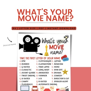 Whats Your Movie Name Game, Movie Night Party Game, Movie Birthday ...