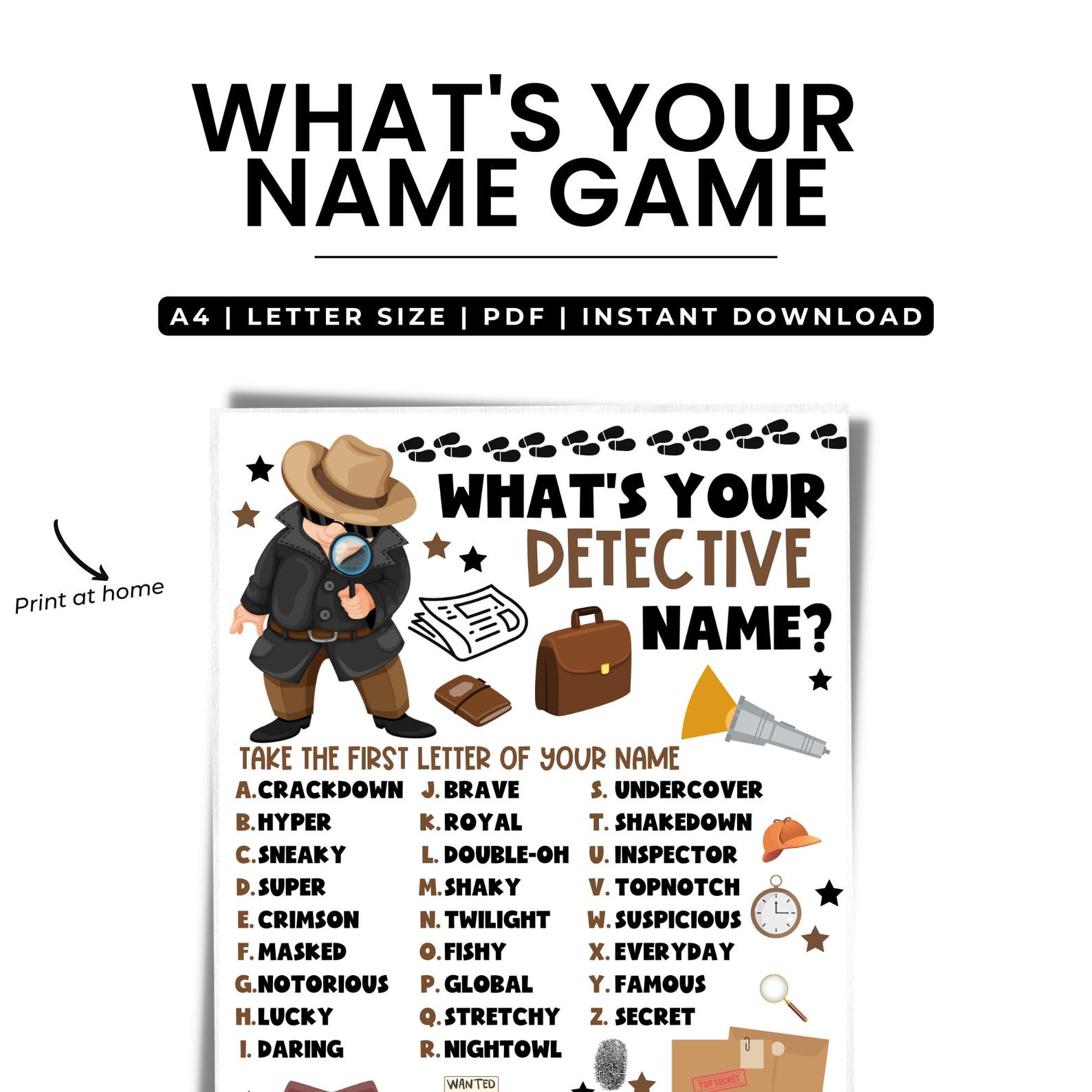 Find Your Detective Name, Spy Kids Party Game, Spy Secret Agent Badges ...