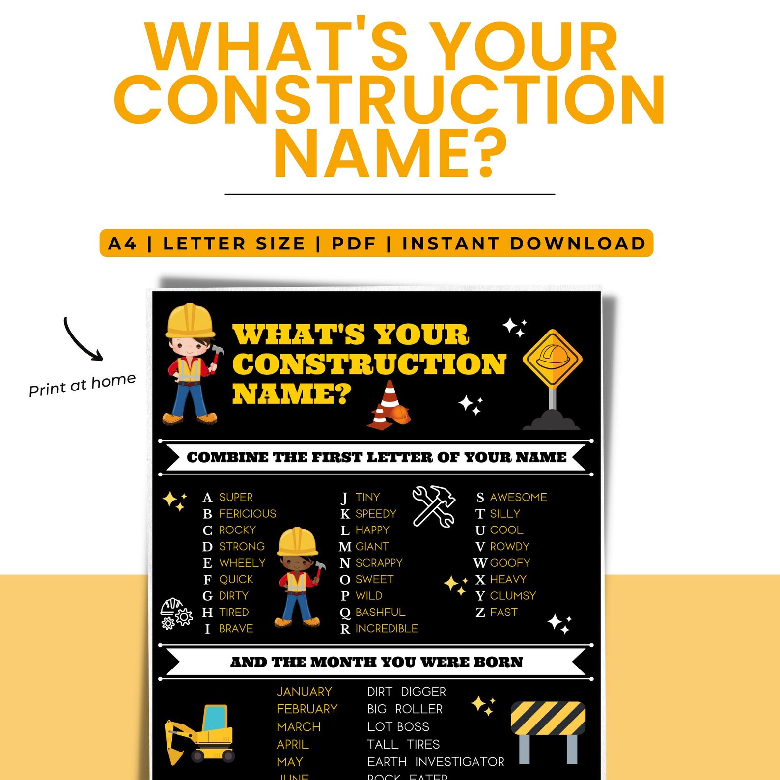 Your Construction Name Game, Construction Birthday Party Game, Dump ...