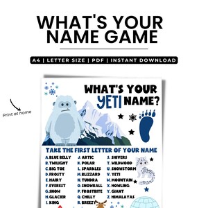 What's Your Yeti Name Party Game, Winter Games for Kids, Onederland ...