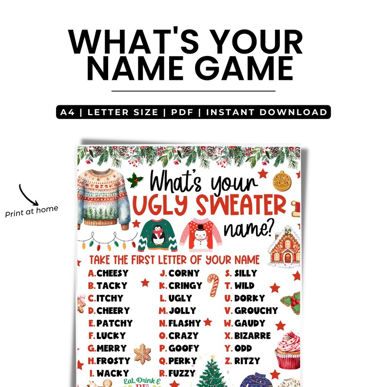 What's Your Ugly Sweater Name, Christmas Party Game for Kids and Adults ...