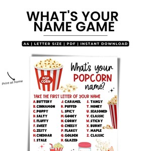 What's Your Popcorn Name Game, Popcorn Bar Sign, Movie Night Quiz ...