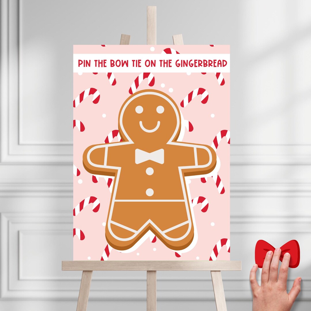 Pin the Bow Tie Gingerbread Game, Christmas Party Game, Pink Christmas ...