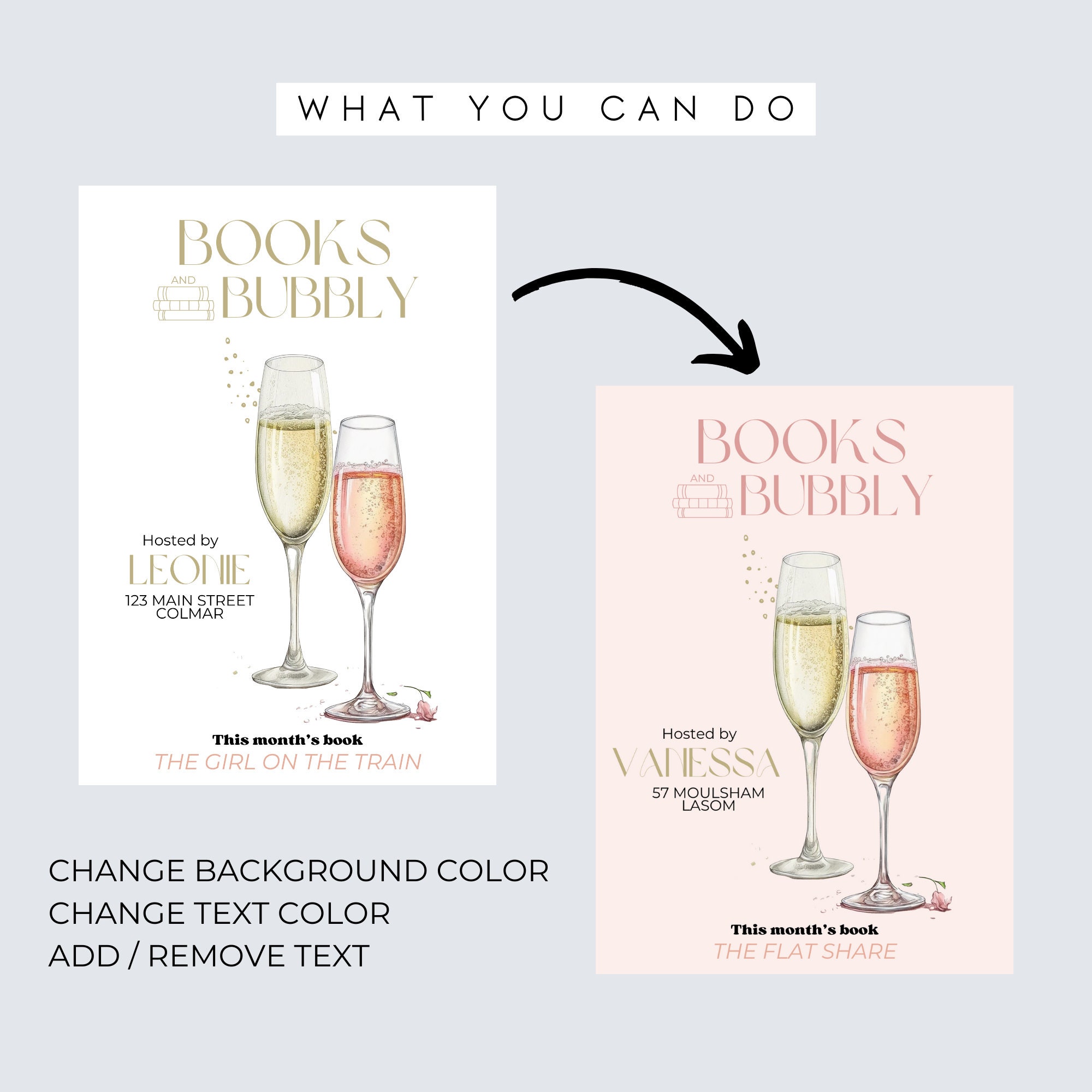 Editable Bubbly and Books Invitation, Book Club Digital Invitation ...