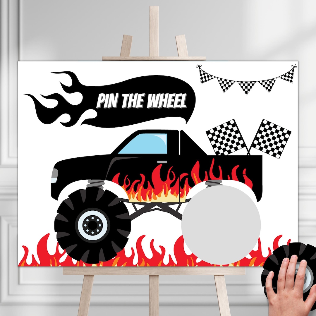 Pin the Wheel on the Monster Truck, Race Car Birthday Party, Boys Kids ...